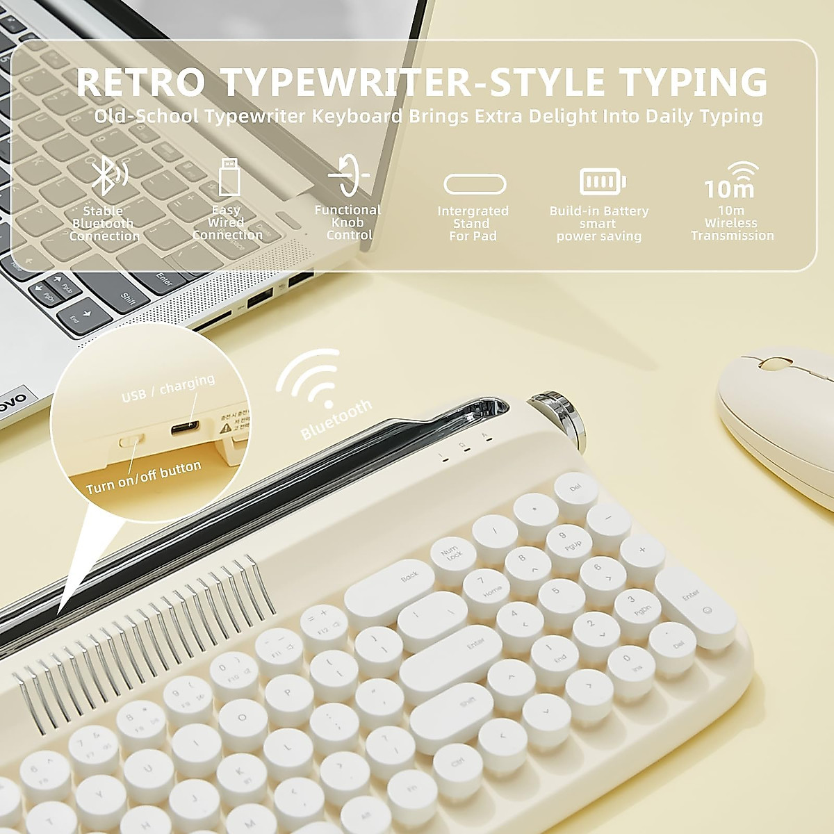 YUNZII Upgraded Wireless Typewriter Keyboard,with Retro Integrated Stand,USB-C/Bluetooth,Cute Round Keycaps, USB-C/Bluetooth Connection for Table, Phone, PC and Win/Mac/Android (B309, Ivory Butter)