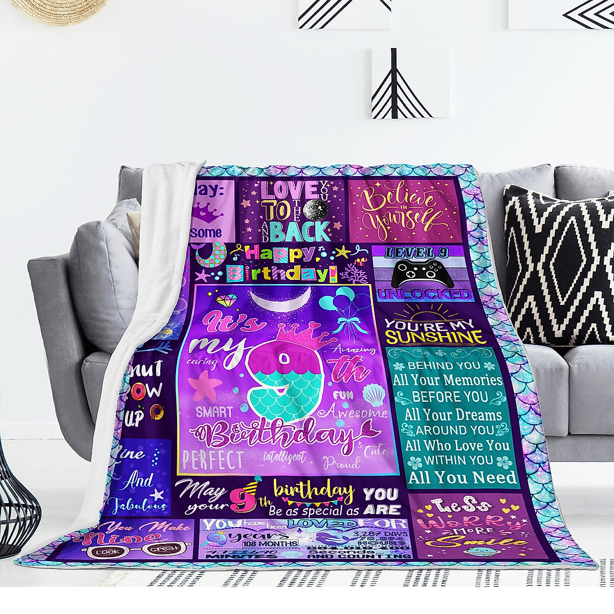 Robadyme 9 Year Old Girl Birthday Gift Ideas Throw Blanket, 9th Birthday Gifts for Girls, Happy 9th Birthday Decorations, Best Birthday Gifts for 9 Year Old Girls Daughter Bestie Sister 50" x 60"
