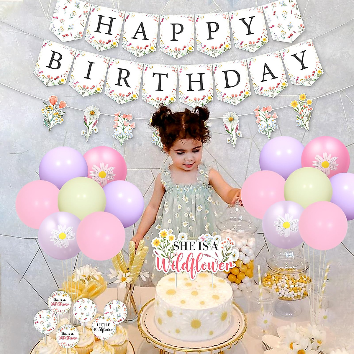 Fangleland She is A Wildflower Theme Birthday Decorations for Girls - Daisy Macaroon Pastel Balloons, Happy Birthday Banner, Cake Cupcake Toppers - Floral Baby Shower Party Decors Supplies