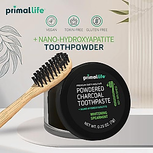 Primal Life Organics - Dirty Mouth Toothpowder, Activated Charcoal Tooth Cleaning Powder, Essential Oils with Kaolin & Bentonite Clay, 200+ Brushings, Organic, Vegan (Black Spearmint, 0.25 oz)