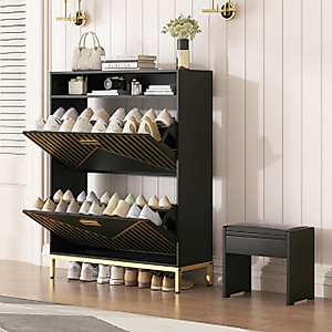 FFBCFDK Shoe Cabinet Storage for Entryway,Shoe Storage Cabinet with 2 Flip Drawers, Shoe Organizer Cabinet with 2 Tier Narrow Shoe Rack Organizer Wooden Shoe Rack for Front Door Entrance, Closet