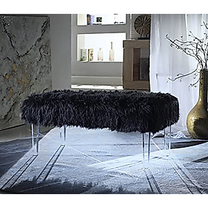 Iconic Home Trento Modern Contemporary Faux Fur Acrylic Leg Bench, Black