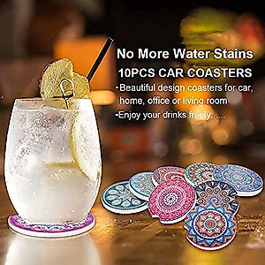 Car Coasters for Drinks Absorbent, 10 Pack 2.56in Car Coasters Absorbent Ceramic with A Finger Notch for Easy Removal, Car Cup Holder Coaster for Car, Cute Car Accessories for Women,Men