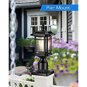 VIANIS Dusk to Dawn Post Lights Outdoor, Black Post Lantern with Pier Mount Base, Exterior Lamp Post Light Fixture, Waterproof Aluminum Body with Tempered Seeded Glass for Patio, Garden, Driveway