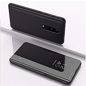 MEIKONST Xiaomi Redmi Note 8 Pro Case,PU Mirror Flip Ultra Slim Cover Scratchproof Clear View Window Built in Kickstand Full Body Protective Cover for Xiaomi Redmi Note 8 Pro,QH Mirror Black