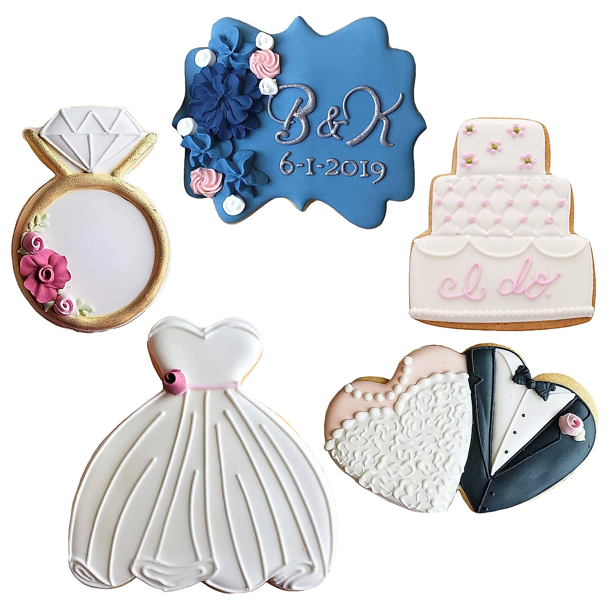 Wedding Cookie Cutters 5-Pc Set Made in the USA by Ann Clark, Square Plaque, Wedding Cake, Wedding Dress, Diamond Ring, Double Heart