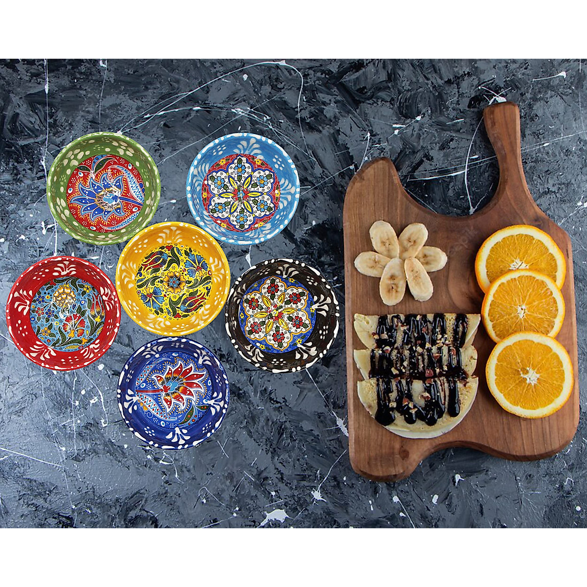 Küchengeräte 6 pcs Hand Painted Turkish Ceramic Snack Bowls 3.35''/8.5cm-74ml/2.5 oz Decorative Ottoman Tulips Design Multi-Purpose Cute Set - Pinch Sauce Dipping Finger Small Serving Bowls