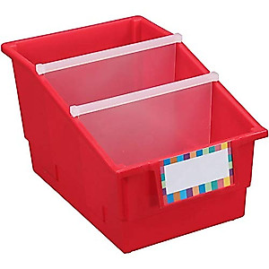 Really Good Stuff Large Plastic Labeled Book & Organizer Bin, Classroom Organizing Baskets, Divided Containers for Books & Supplies, Label Holders, Organize School & Home, Primary Colors 4 pk