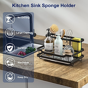 MFTEK Kitchen Sink Caddy Sponge Holder, Large Sponge Holder for Kitchen Sink Countertop Organizer, Soap Holder Tray Dish Dispenser Storage Rack with Drain Tray, Black -Not Include Sponge, Brush