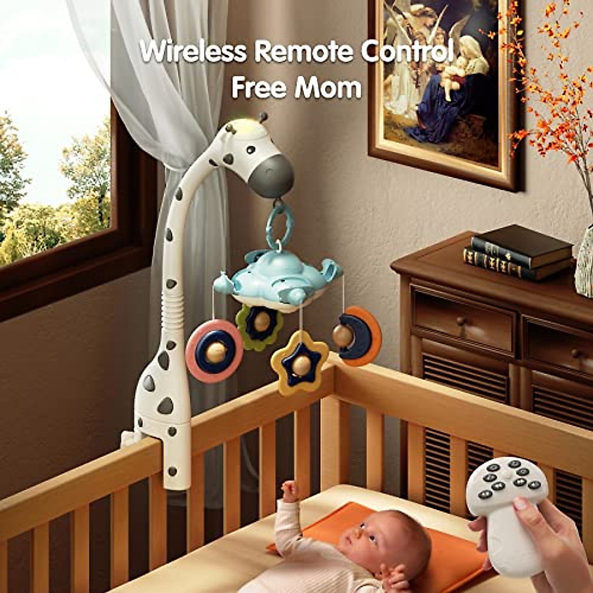 TUMAMA Baby Crib Mobile,3 in 1 Crib Toys with Remote Control,Projection Night Light, Music and White Noise, Mute Spin Motor Nursery Sensory Toys for Infant 0 3 6 9 Month Newborn Xmas Gift