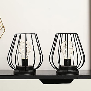 TRIROCKS 2 Set ofMetal Battery Operated Lamp 7'' Tall Mini Cage Shape Cordless Table Lamp Battery Lanterns with Warm Fairy Lights Bulb for Patio Garden Wedding Parties Indoor Outdoor(Black)