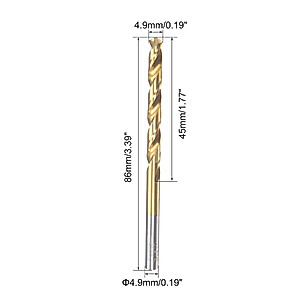uxcell 4.9mm Drill Bits High Speed Steel Straight Shank 86mm Length Twist Drill Bit Fully Ground Titanium Coated 2 Pcs