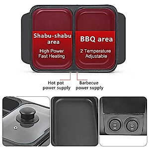 SNKOURIN Hot Pot with Grill,2 in 1 Indoor Non-Stick Electric Hot Pot and Frying Pan,Independent Temperature Control,Portable Multifunctional Smokeless Korean BBQ Grill for 1 - 2 People (Black)