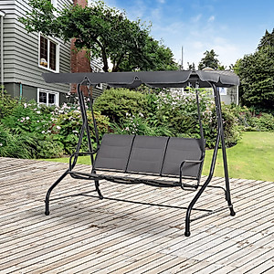 Outsunny 3-Seater Porch Swing Chair, Outdoor Swing Glider with Adjustable Canopy, Padded Breathable Seat, for Garden, Poolside, Backyard, Deck