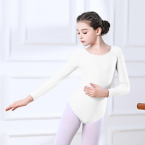 Aoylisey Girls' Team Basic Long Sleeve Leotard Gymnastics Ballet Dance Costumes for Kids (White, XXL)