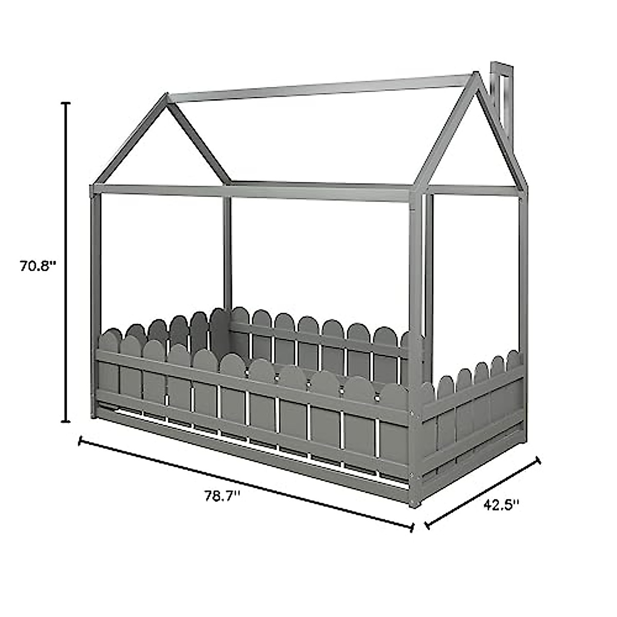 House Bed Frames with Pine Wood Roof and Fence for Kids, Teens, Boys or Girls, Box Spring Needed(Slats Kit Not Included) Platform, Twin, Gray