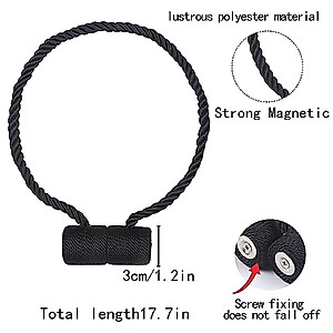Groleca 4 Pack Magnetic Curtain Tiebacks Curtain Holdbacks Curtain Ties Outdoor Curtain Tiebacks Modern Rope Tiebacks Drapery Holdbacks Tie Backs for Curtains (Black, 4)