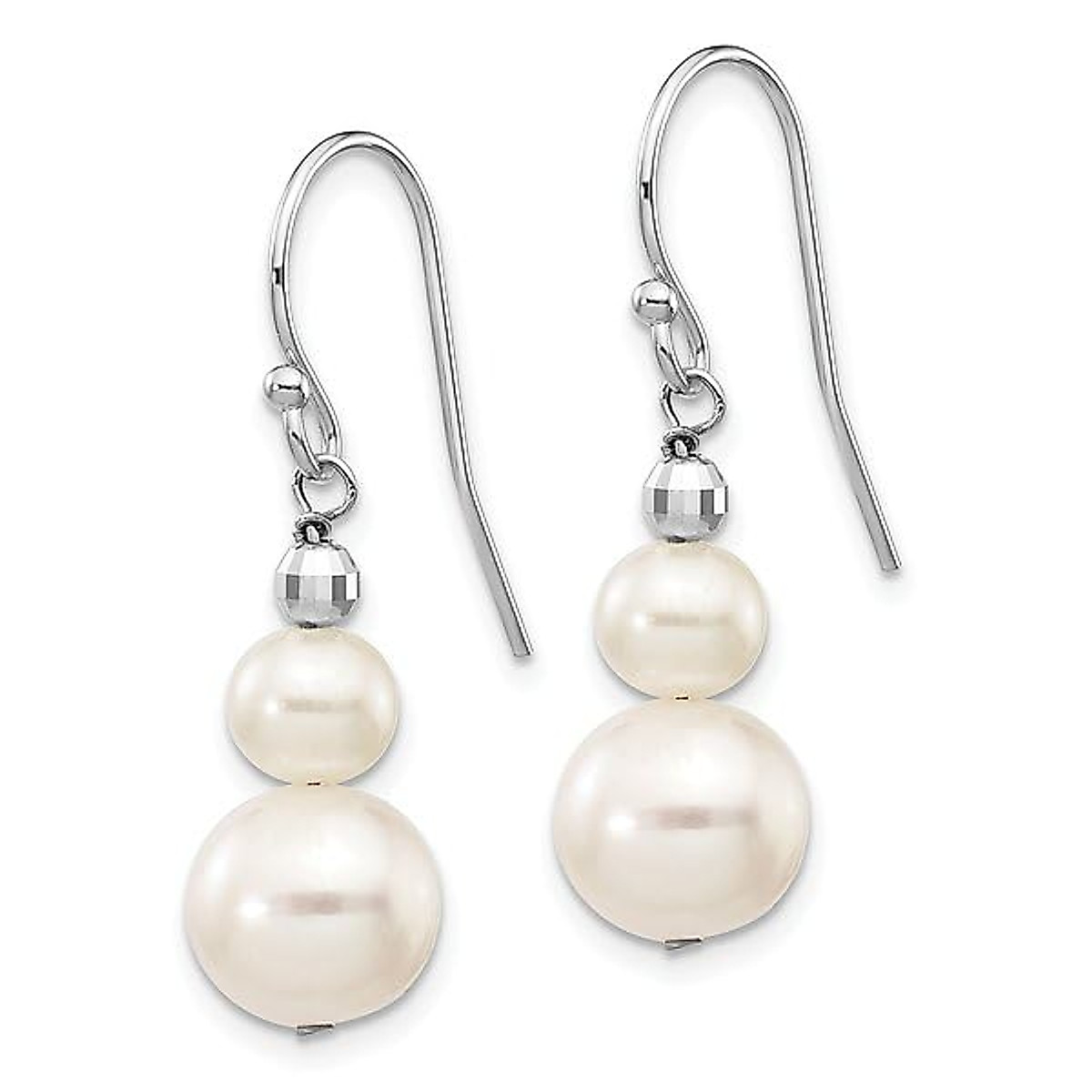14K White Gold 6 9mm Round Freshwater Cultured Pearl Graduated Drop Dangle Earrings