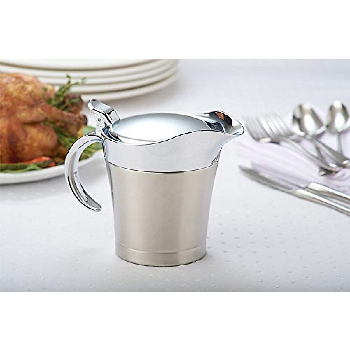 With Hinged Lid Insulated Gravy Boat (450ML/16 OZ) SU304 Stainless Steel Double Wall Gravy Warmer,Serving for Cream, Salad Dressing, Sauce