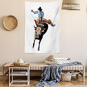 Ambesonne Rodeo Tapestry Twin Size, Yea Haw Cowboy Bucking Bull Western Sports American Graphic, Wall Hanging Bedspread Bed Cover Wall Decor, Twin Size, Rust Beige