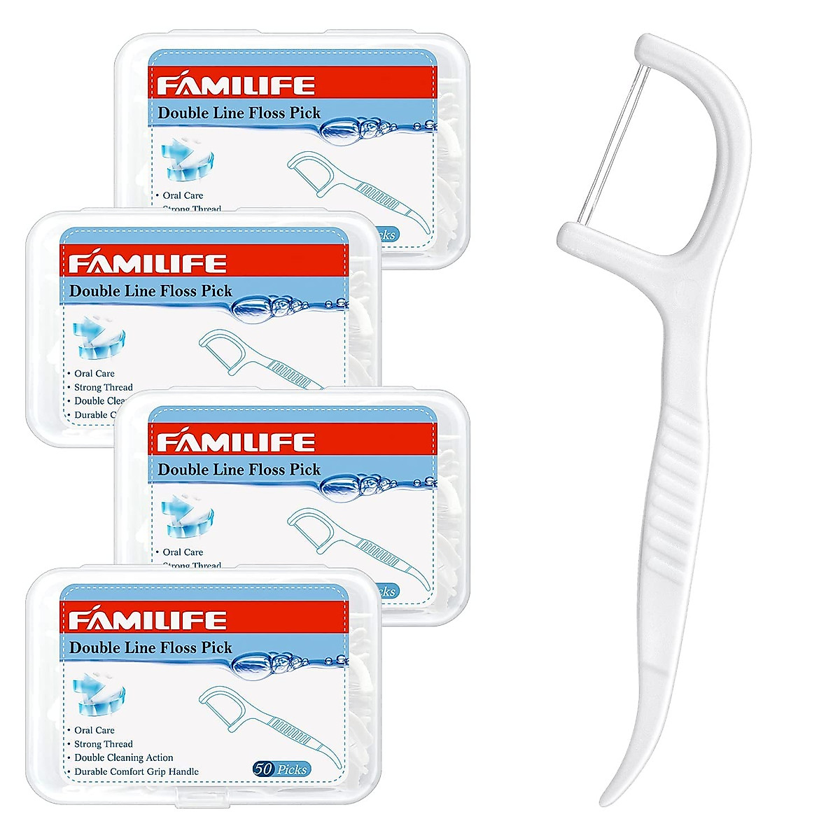 FAMILIFE Floss Picks Mint Dental Floss Picks with 4 Travel Handy Cases 240 Count Flossers and Double Line Flossers 200 Count, Unwaxed Flossing Thinner and Tougher Unflavored Threader Flosser