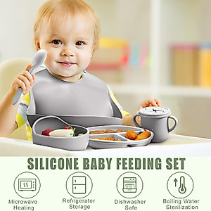 Potchen 14 Pack Baby Feeding Set, Silicone Baby Led Weaning Feeding Supplies with Suction Bowl Divided Plate Adjustable Bib Soft Spoon Fork Snack Cup with Lid Drinking Cup, Utensil (Army Green, Grey)