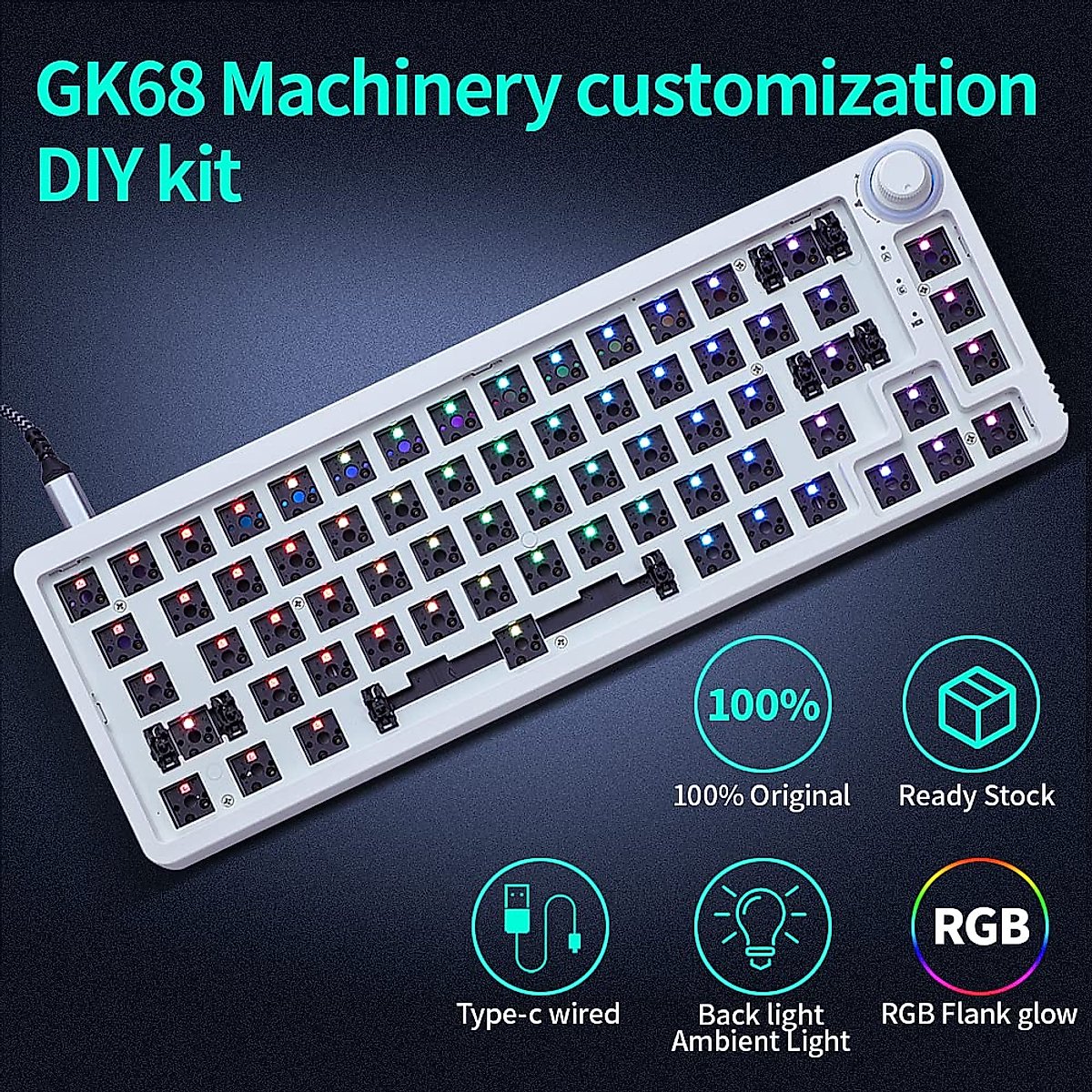 GK68 RGB Hot-Swappable Programmable Junction Box Can Be Replaced with Switch DIY Mechanical Keyboard Kit, Support AKKO, Cherry MX, Gateron, Kailh Mechanical Axis (White, White)