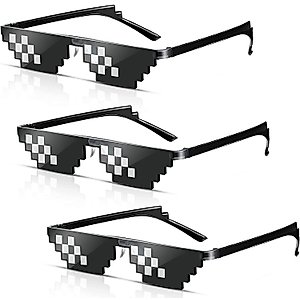 JDD 3 Pack Whole Thug Life 8 Bits Pixelated Meme Party Sunglasses Mosaic Gamer Photo Props Glasses for Men Women, Black, Large
