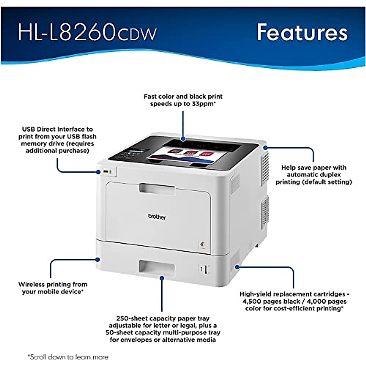 Brother Color HL-L8260CDW Single-Function Wireless Laser Printer, White - Print Only - 33 ppm, 600 x 2400 dpi, 8.5 x 14 Print Size, Auto 2-Sided Printing, Ethernet