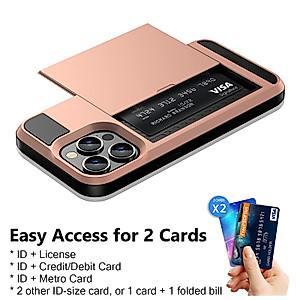 Vofolen for iPhone 14 Pro Max Case Wallet Credit Card Holder ID Slot Sliding Door Hidden Pocket Women Anti-Scratch Dual Layer Hybrid Bumper Armor Protective Shell Cover 6.7 inch Rose Gold