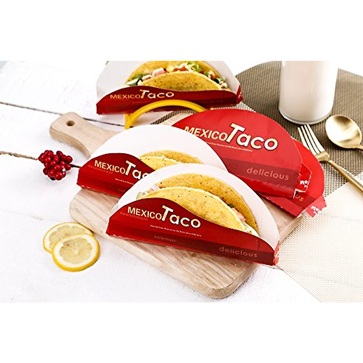 Disposable Taco Holder Taco with Recipes E-BOOK - Perfect For Party and Take Out Restaurant - Durable Paperboard Taco Rack -50 Pack