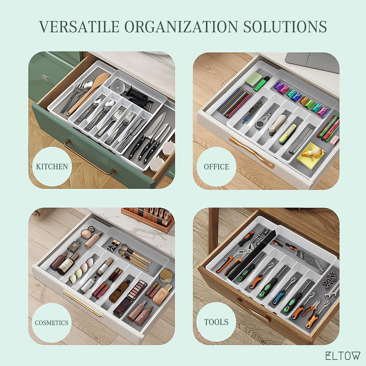 ELTOW Expandable In Drawer Silverware Organizer - Kitchen Storage Silverware Tray For Flatware – Cutlery Holder With 8 Compartments - Multipurpose Organizer Tray For Kitchen & Office Supplies - White