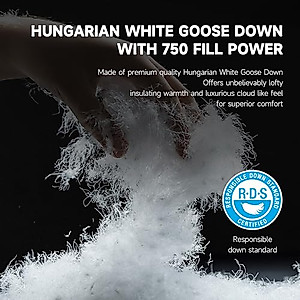 Beautyrest Hungarian White Goose Down Comforter, US Grown Cotton Fabric Goose Down Comforter, 750 Fill Power Fluffy Duvet Insert, 500 Thread Count All Seasons Warmth 5-Star Luxurious Comforters