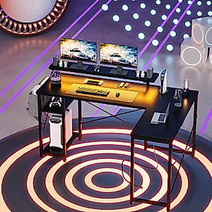 Jojoka L Shaped Computer Gaming Desk with Power Outlet & LED Light, 54 Inch Reversible Modern Office Computer Desk, Corner Desk with USB Charging Port & Storage Bag (Black)