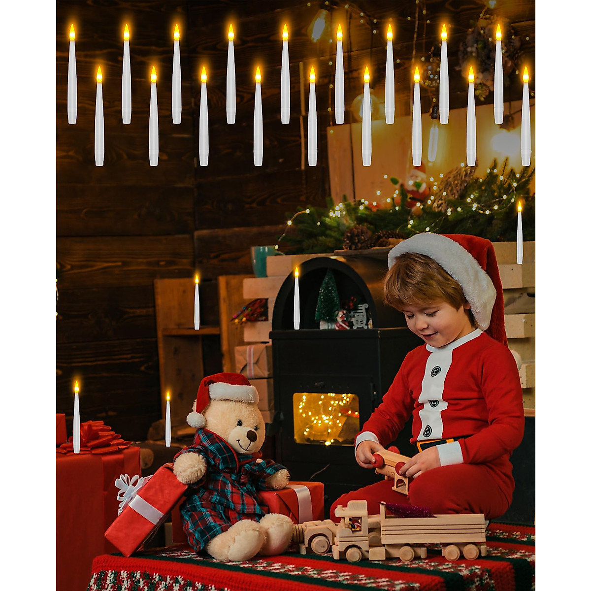 24 PCS Floating Candles with Wand, Christmas Decoration Magic Hanging Candles, Floating Flameless Candle with Remote, LED Taper Lights Candle Flickering for Xmas Indoor Party Room Birthday Decor Gift