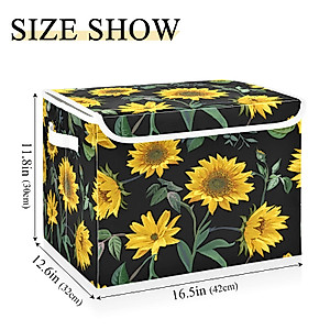 Vnurnrn Collapsible Storage Bins with Lids, Sun Flower Yellow Flowers Foldable Storage Boxes, Storage Box Cube with Lid for Clothes,Bedroom,Toys,16.5x12.6x11.8 Inch