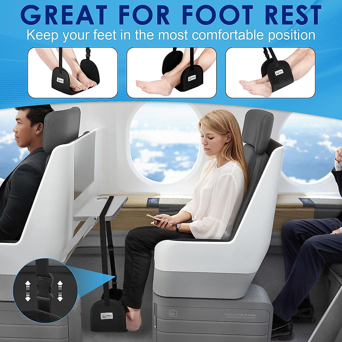 CERBONNY Airplane Foot Rest - Portable and Adjustable Foot Hammock,Airplane Travel Flight Essential for Relaxing Your Feet During Airplane Journeys - Office Footrests (Black)