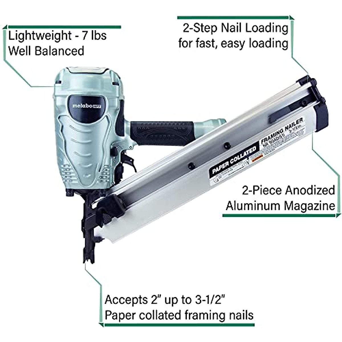 Metabo HPT NR90ADS1 Pneumatic Framing Nailer, 2" up to 3-1/2" Paper Collated Nails .113 - .148, Tool-less Depth Adjustment, 30 Degree Magazine, Selective Actuation Switch (Renewed)