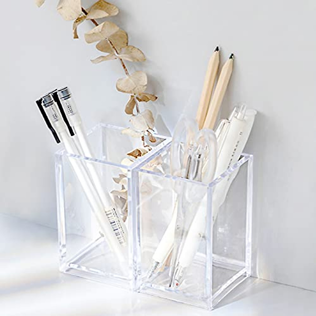 2 Pack Acrylic Pen Holder Makeup Brush Holder Clear Pencil Makeup Brush Storage Organizer Cup for Office Acrylic Desk Accessories Dorm Bathroom Supplies