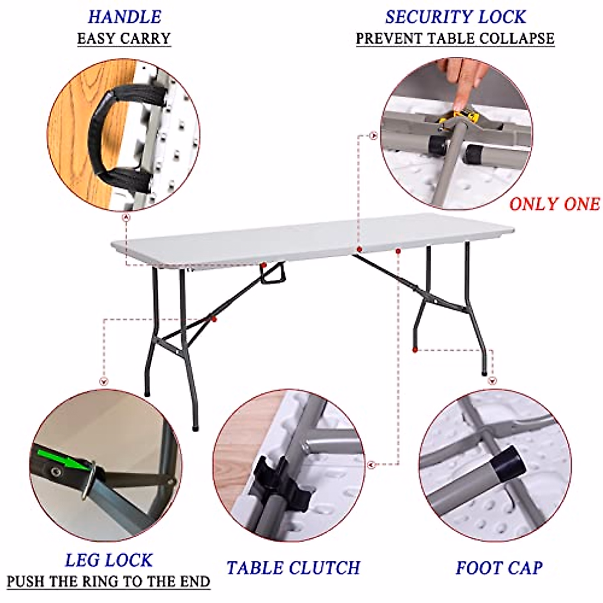 deaciber 6ft Folding Table 71 inch Plastic Fold in Half w/Handle Heavy Duty Portable Indoor Outdoor for Garden Party Picnic Camping BBQ Dining Kitchen Wedding Market Events