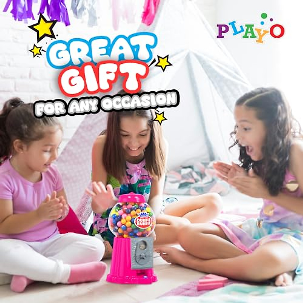 8.5" Coin-Operated Gumball Machine Bank with 85 Gumballs - Pink Candy Dispenser Toy for Kids