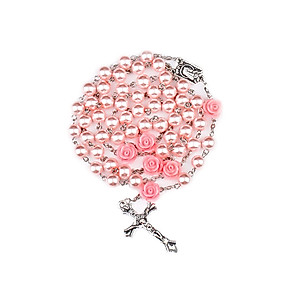 Catholic Rosary Pink Pearl Beads Necklace for Women First Communion Rosary for Women Our Rose Lourdes Medal and Cross Rosary Necklace