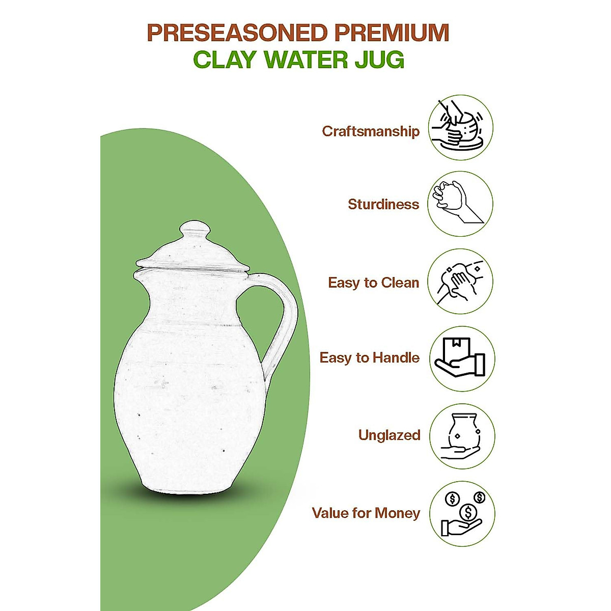 Village Decor Handmade Earthen Clay Water Jug with Lid | Carafes Pitcher | Capacity 51 oz 1500 ml