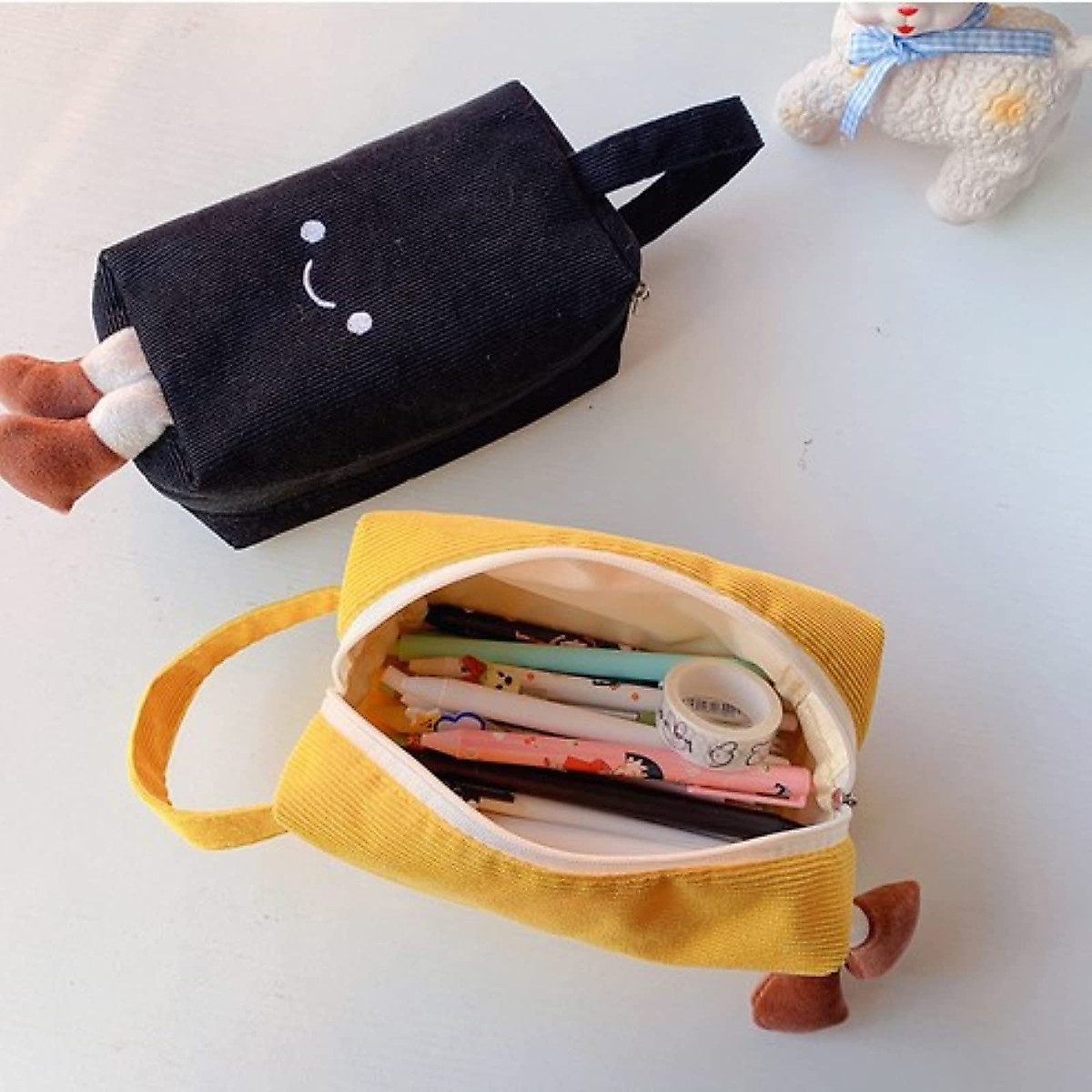 Funnytek Smile Pencil Pouch - Large Capacity Kawaii Pencil Case Soft Corduroy Cosmetic Bag Durable Pencil Bag, Cute Travel Makeup Bag, Stationary Organizer Pouch Women Handbags (Yellow)