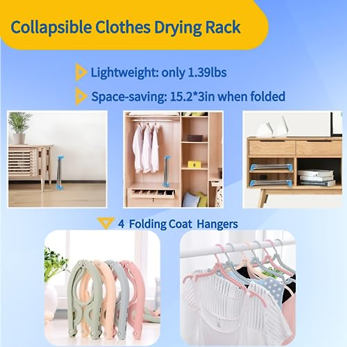 Portable Travel Garment Rack, Upgraded Easy Folding Mini Drying Clothes Rack, Retractable Drying Rack for Laundry, Travel, Camping, Hotel, Dance + 4 Folding Coat Hangers (Longer & Thicker)