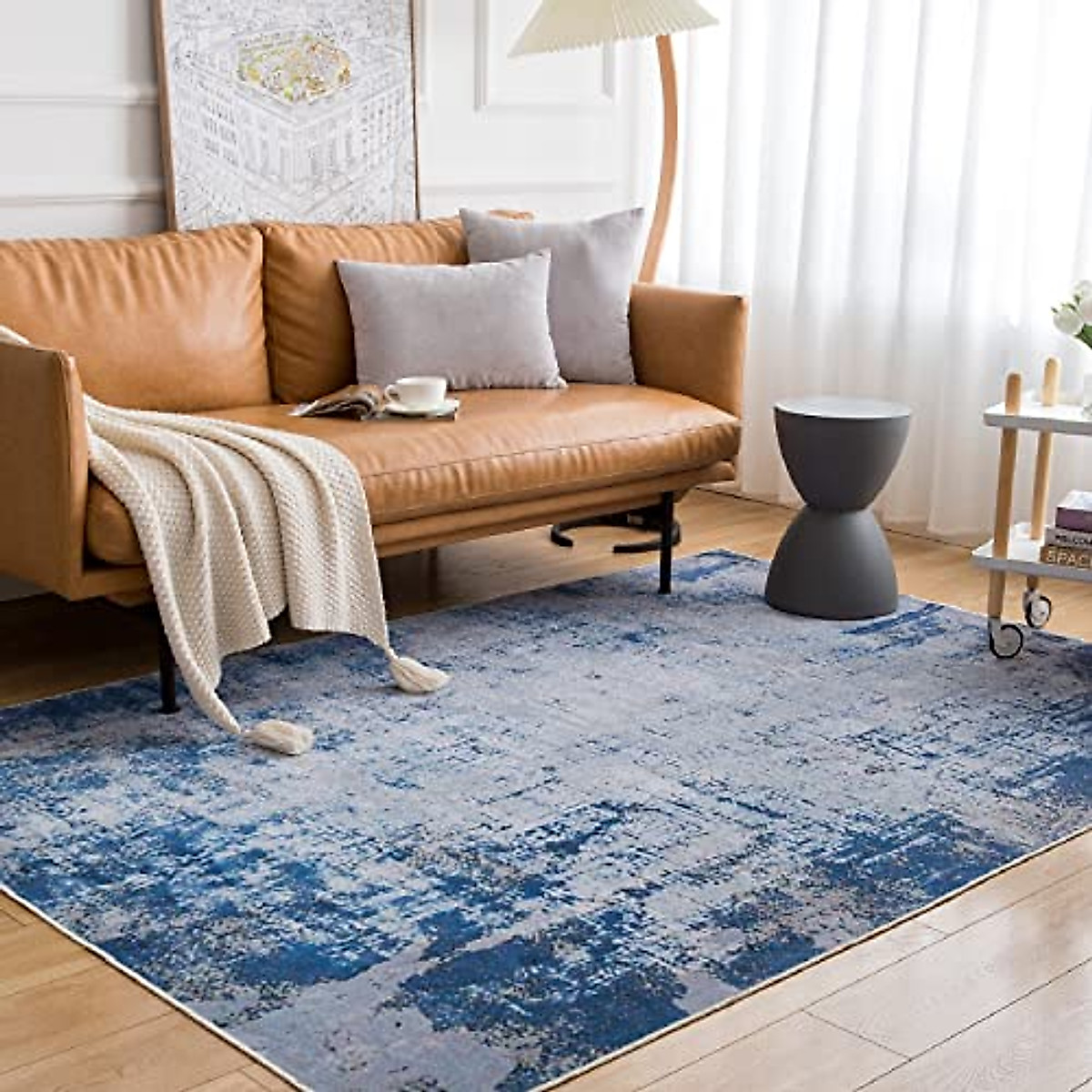 Modern Abstract Area Rug 5'3" X 7'6" Washable, Non Slip Rugs for Living Room Bedroom Dining Room Kids and Pets Friendly Nursery Kitchen Farmhouse, Indoor and Outdoor Carpets Dark Blue/Grey