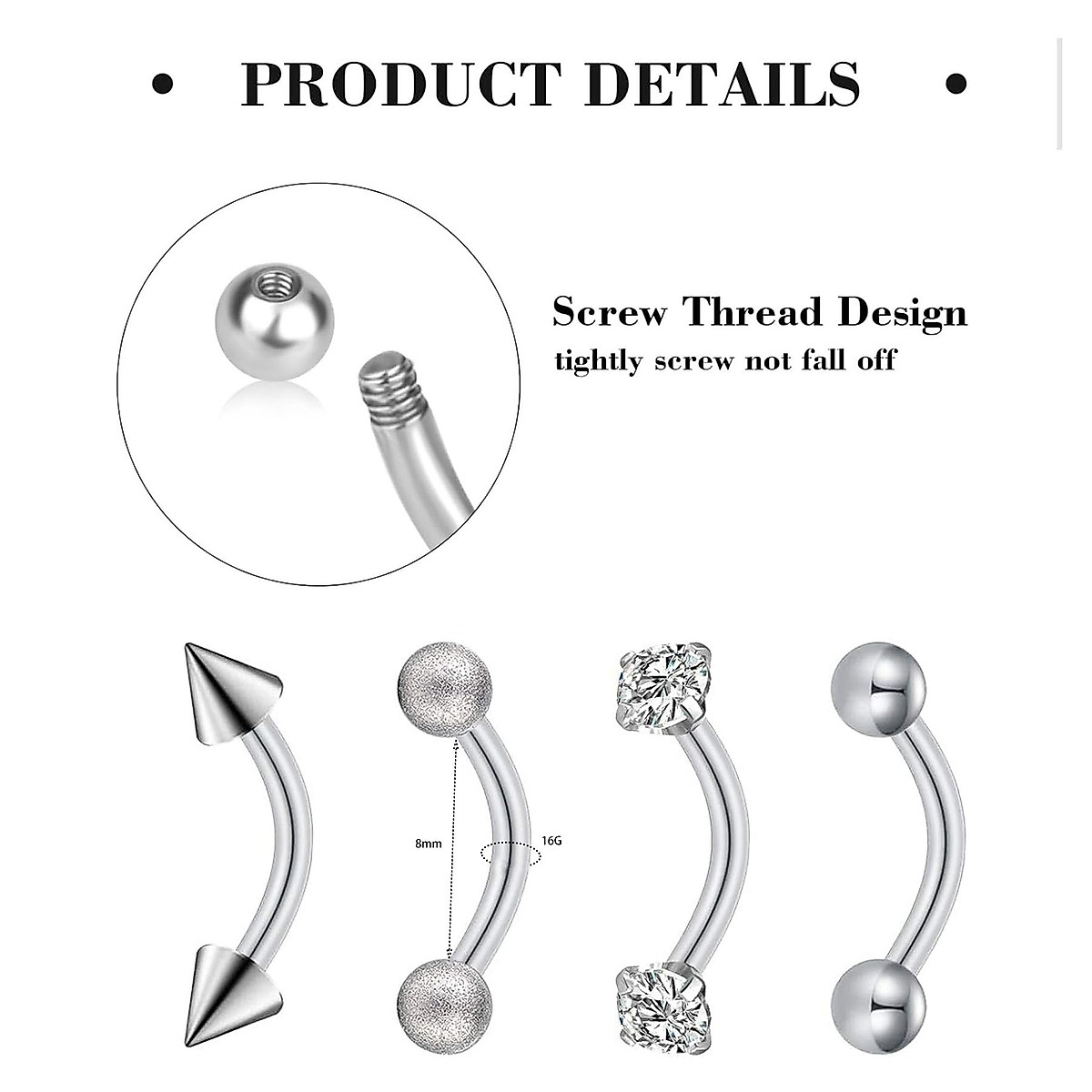 Suotarn 47pcs 16G Stainless Steel Eyebrow Piercing Rings Clear CZ Curved Barbell Helix Daith Rook Earrings Piercing Body Jewelry for Women Men