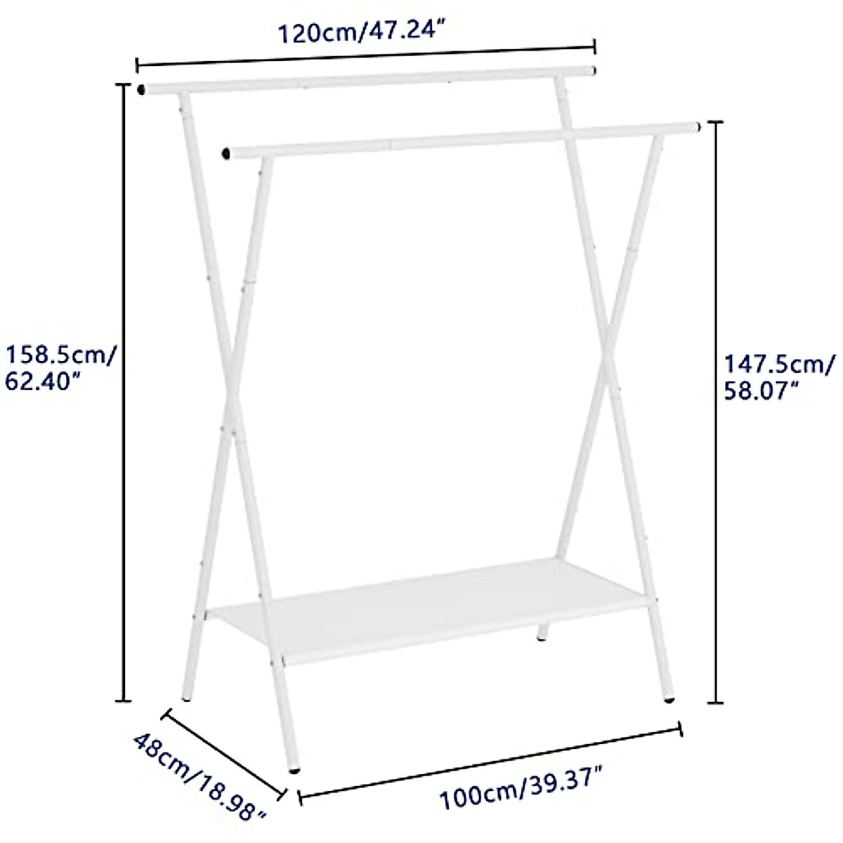 Laiensia Double Rods Clothing Racks, Portable Clothing Hanging Garment Rack with Bottom Oxford Cloth Shelves, White
