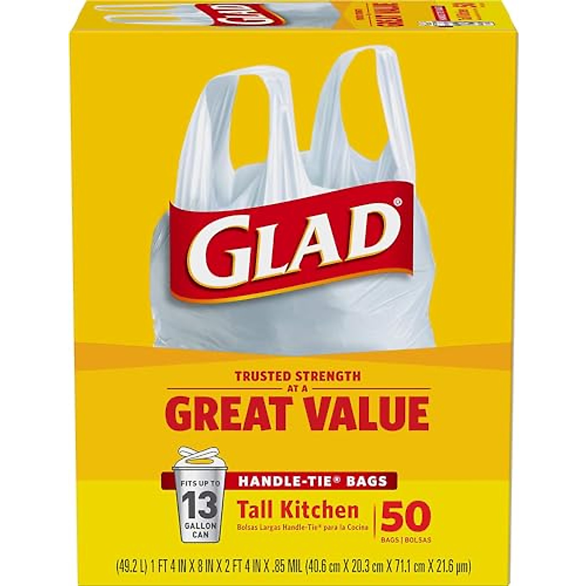 Glad 13 Gal. Tall Kitchen Handle-Tie Bags 50 ct (Pack of 4)