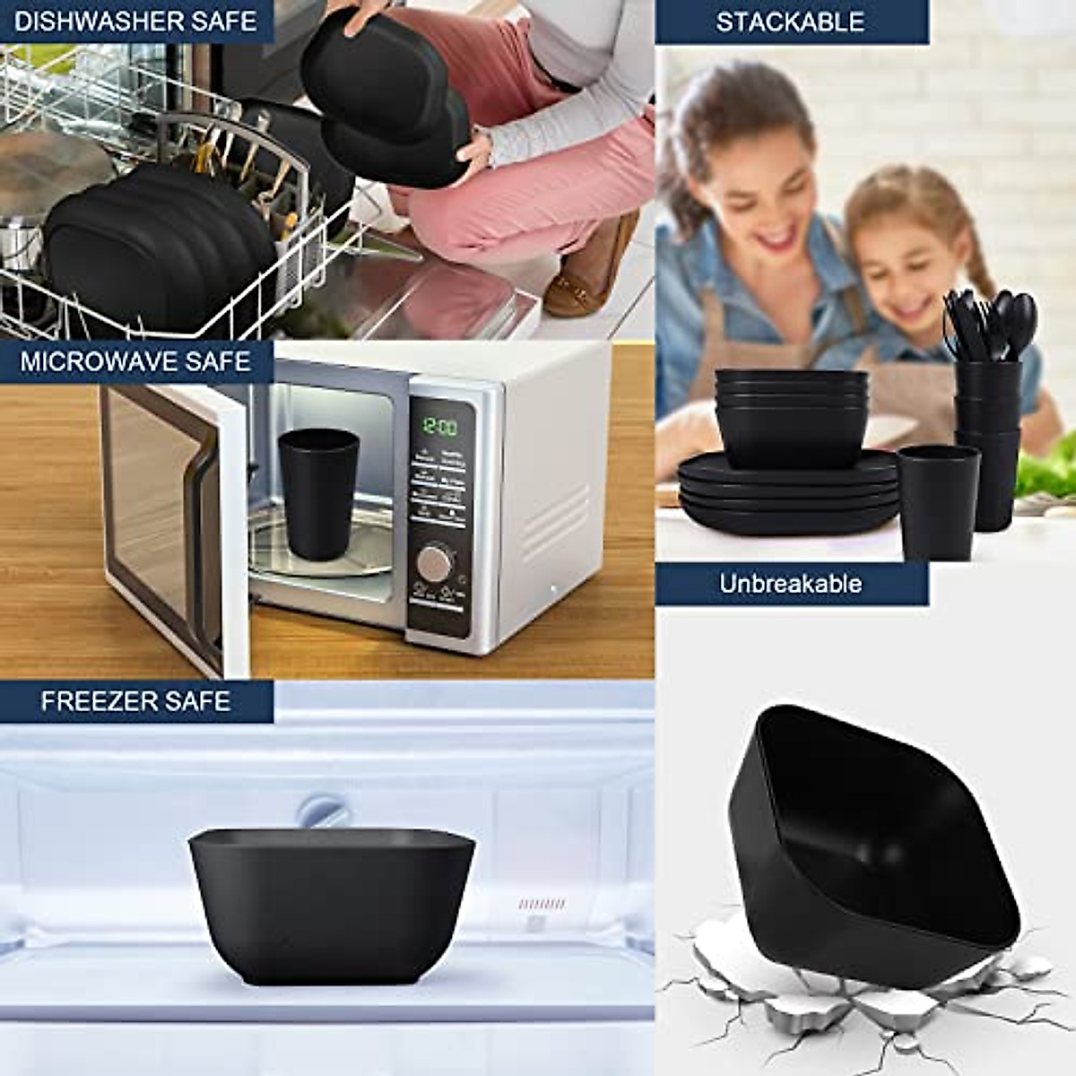 afcevnlb 24 Piece Wheat Straw Square Dinnerware Sets for 4, Unbreakable Dinner Plates and Bowls Sets for Camping Party Grill (Black)